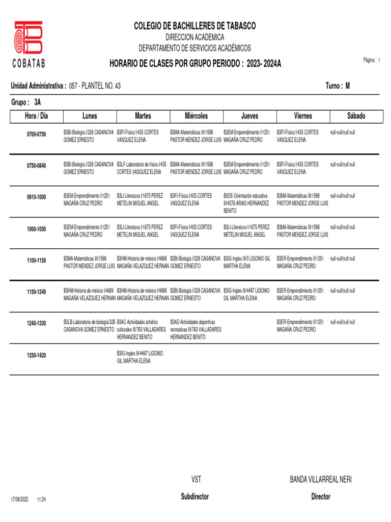 rptPlantillaHorarioGrupo (3A) | PDF