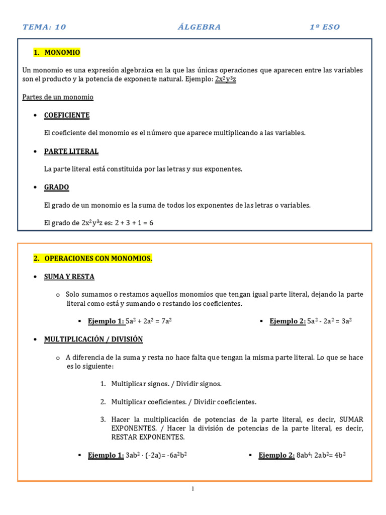 Tema 10 Algebra 1 Eso 1 | PDF | Multiplicación | Ecuaciones