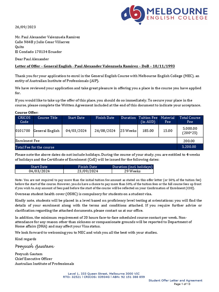 International Student Agreement Letter of Offer - Paul Alexander | PDF ...