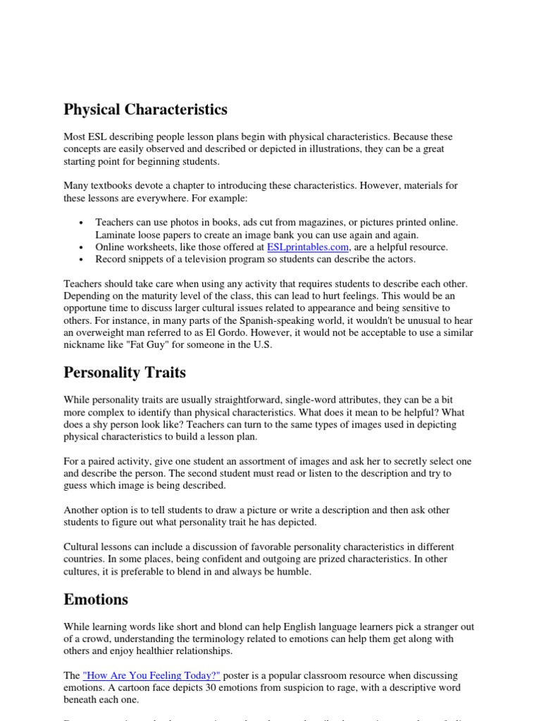 Physical Characteristics | PDF | Emotions | Teachers