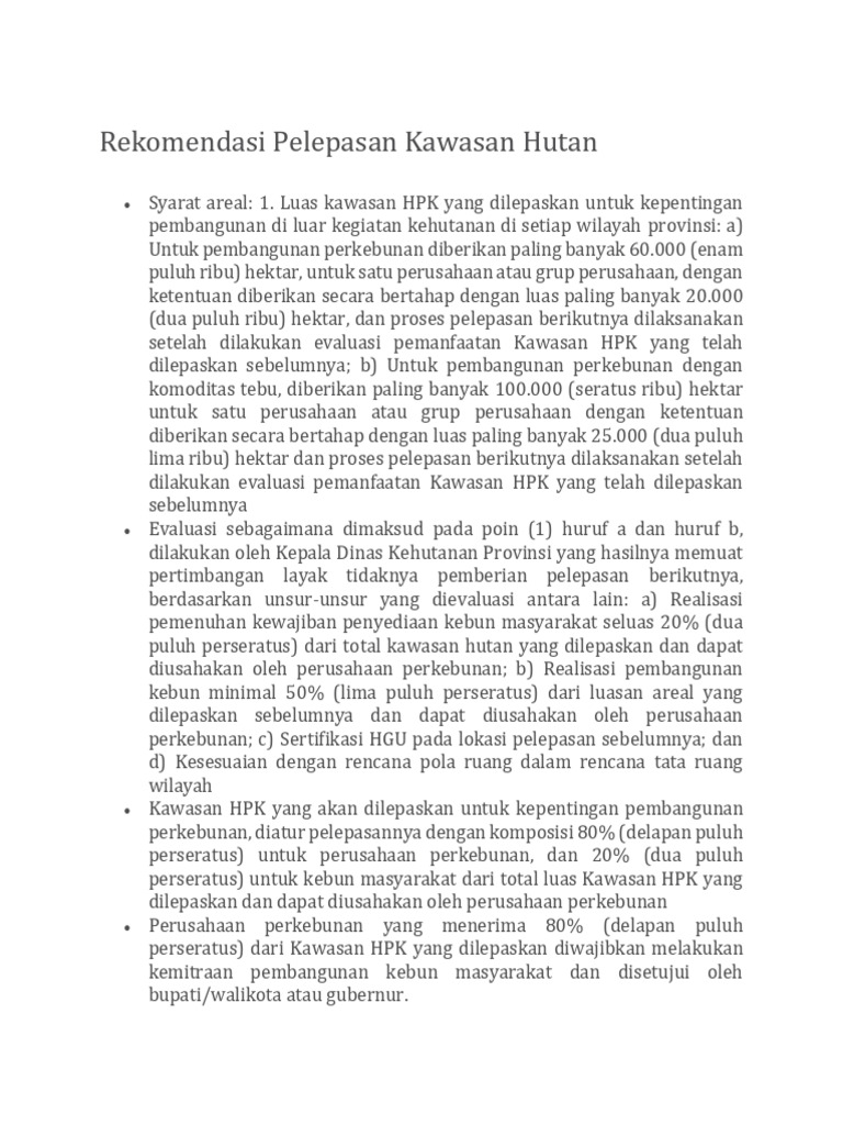 Syarat Pelepasan Kawasan Hutan untuk Perkebunan | PDF