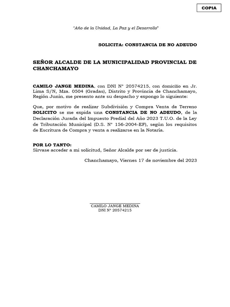 Solicitud Constancia de No Adeudo | PDF