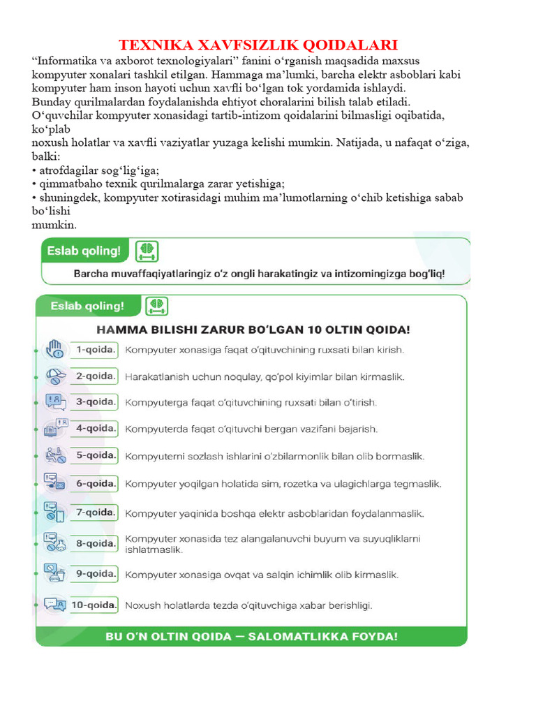 TEXNIKA XAVFSIZLIK QOIDALARI Va Sanitariya Gigiyena Qoidalari | PDF