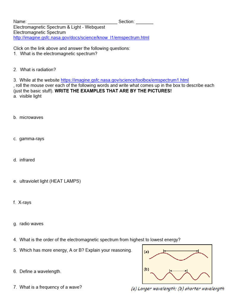Electromagnetic Spectrum Webquest | PDF