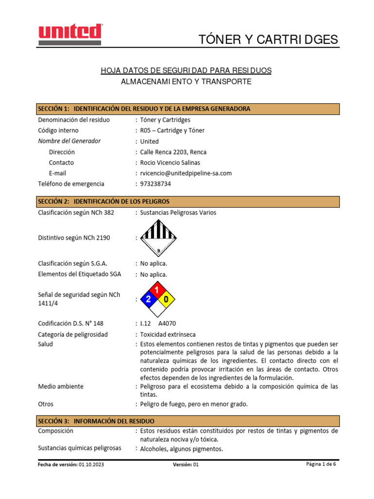 Tóner: Hoja de Seguridad y Peligros | PDF | Toxicidad | Residuos