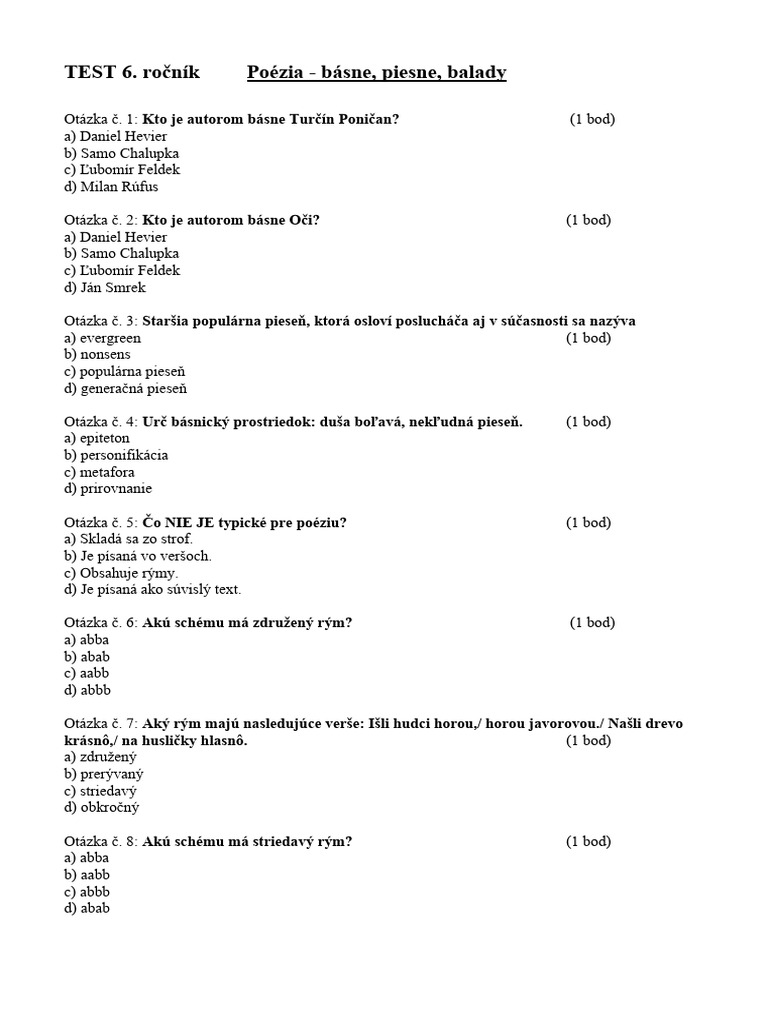TEST 6 R Básne, Piesne, Balady 10703676095fdb2c0a88291 | PDF