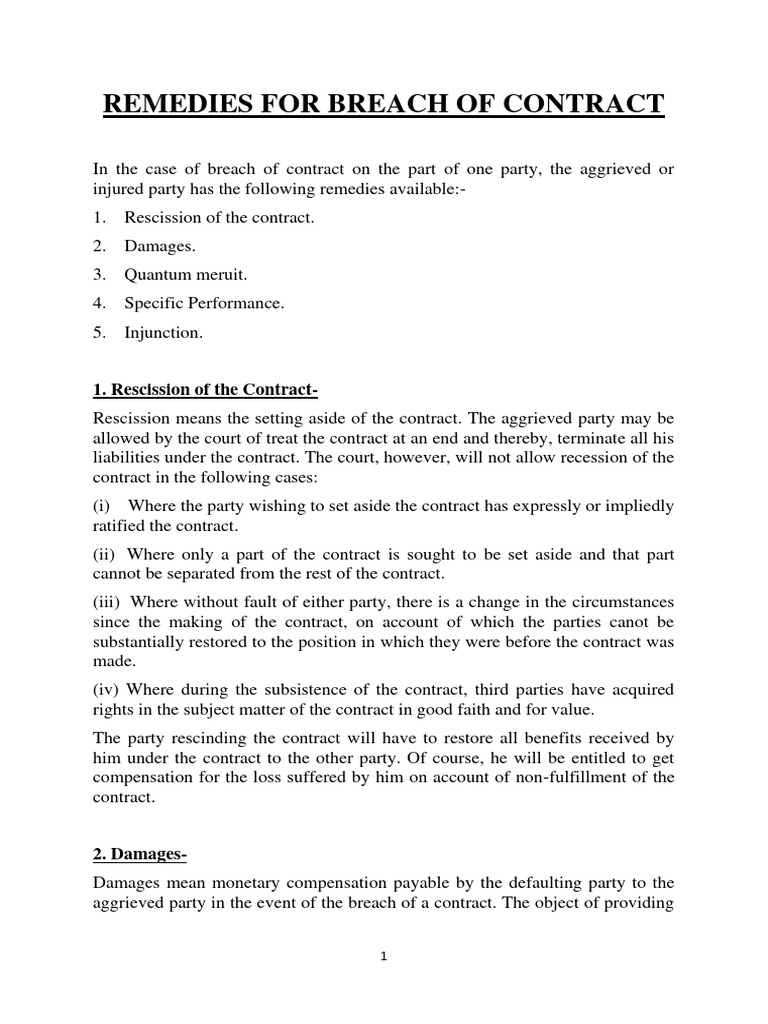 Remedies For Breach of Contract-Notes | PDF | Damages | Breach Of Contract