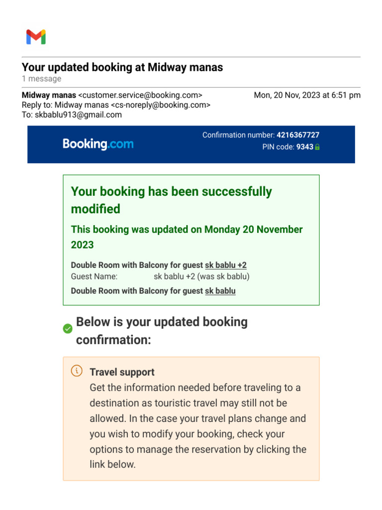 Gmail - Your Updated Booking at Midway Manas | PDF | Fee