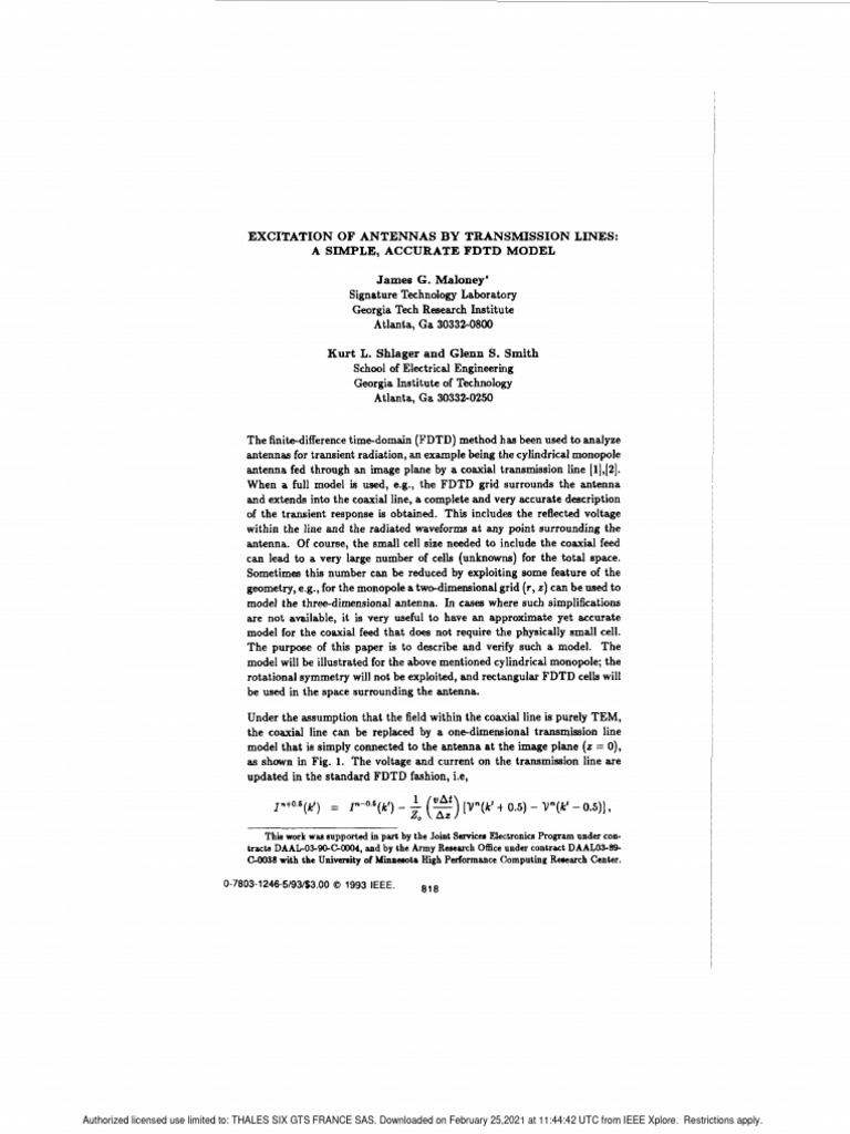 Excitation of Antennas by Transmission Lines: A Simple, Accurate FDTD Model James G. Maloney ...