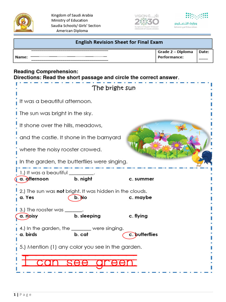 Gr.2 - English Revision Sheet Final - Answer Key | PDF | Language Arts ...