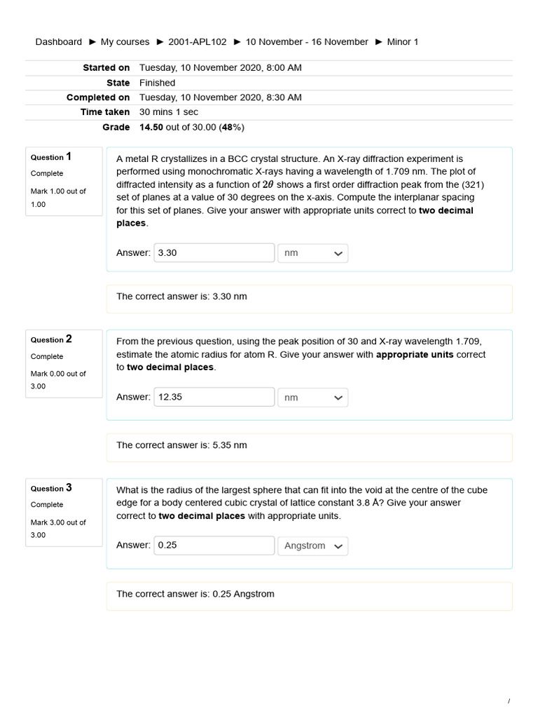 APL102 Minor1 2020-21 Sem1 | PDF | X Ray Crystallography | Materials