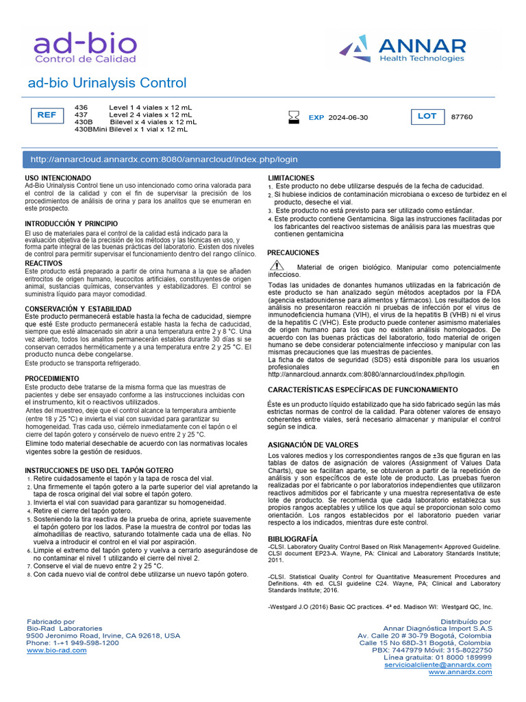 Inserto Ad-Bio Urinalysis Control Lote 87760 | PDF | Laboratorios ...