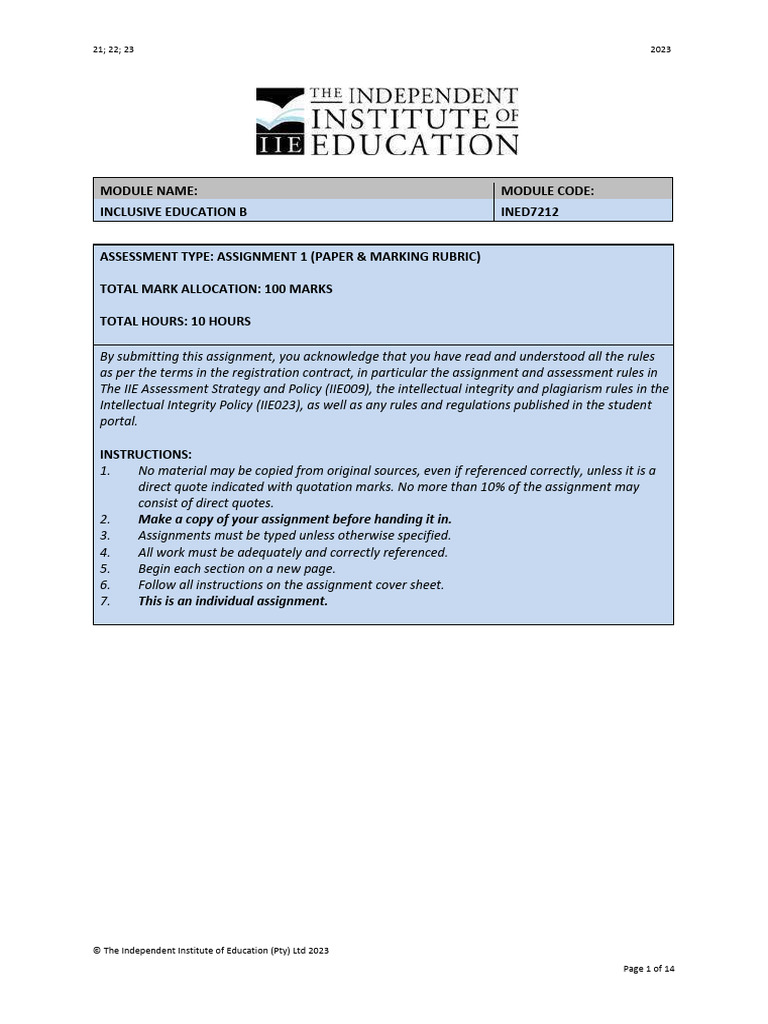 Module Name: Module Code: Inclusive Education B INED7212 Marking Rubric ...