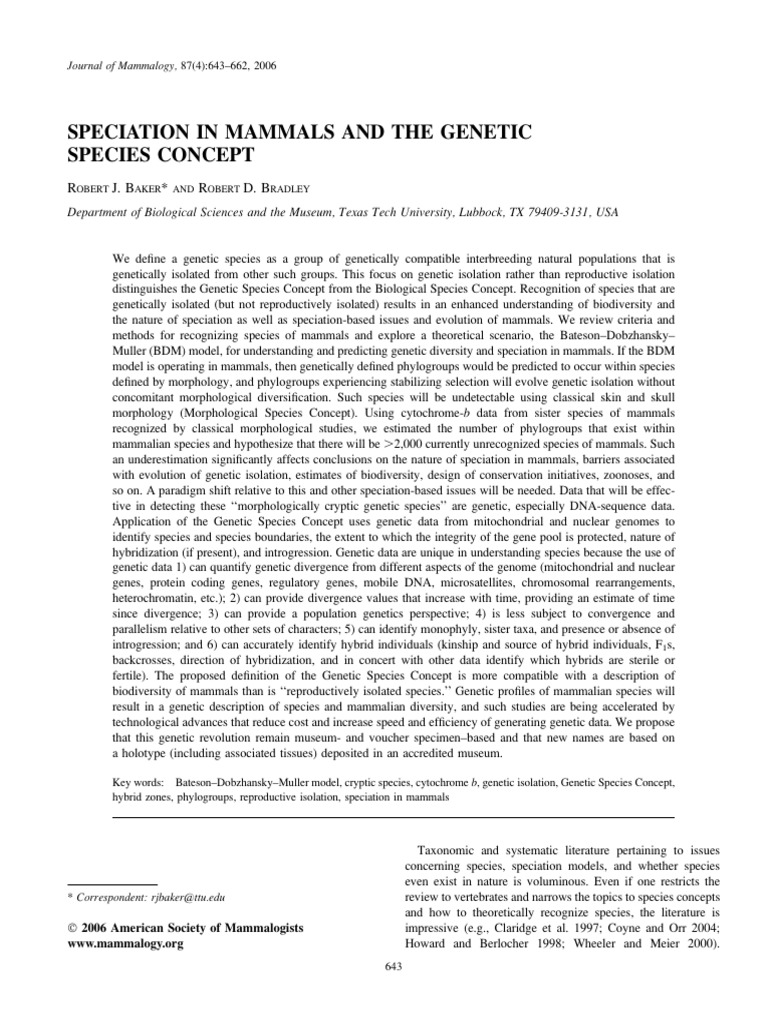 Baker & Bradley 2006. Speciation in Mammals and The Genetic Species Concept | PDF | Species ...