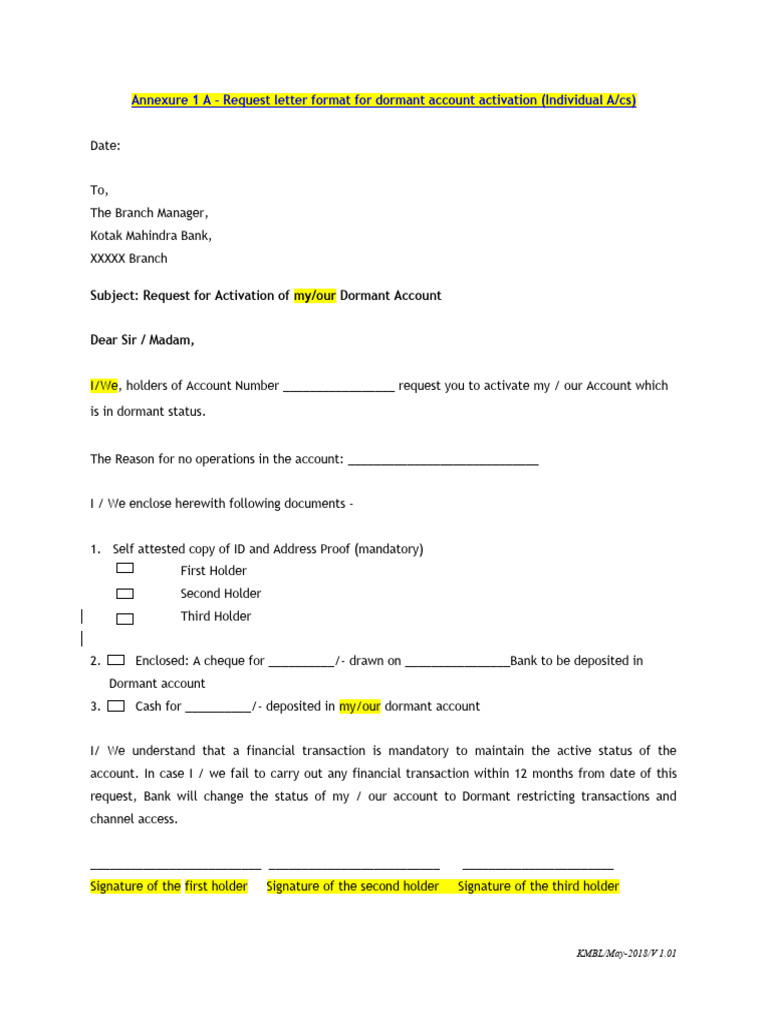 Request Letter Format For Dormant Account Activation | PDF