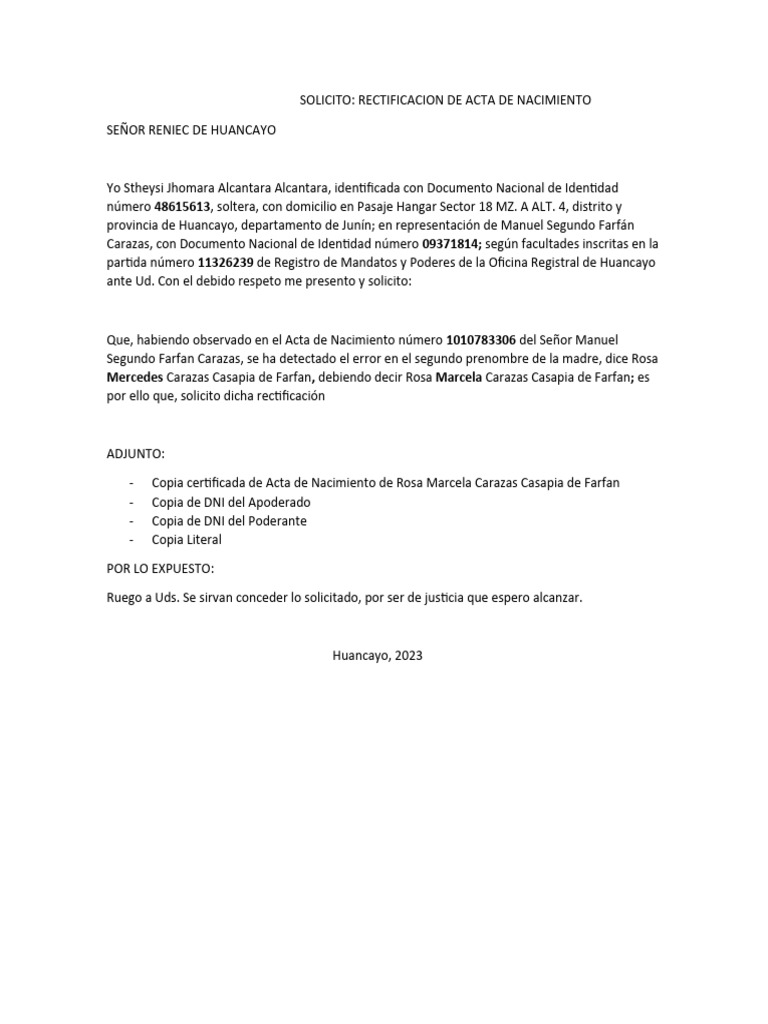 Solicito Rectificacion Reniec | PDF