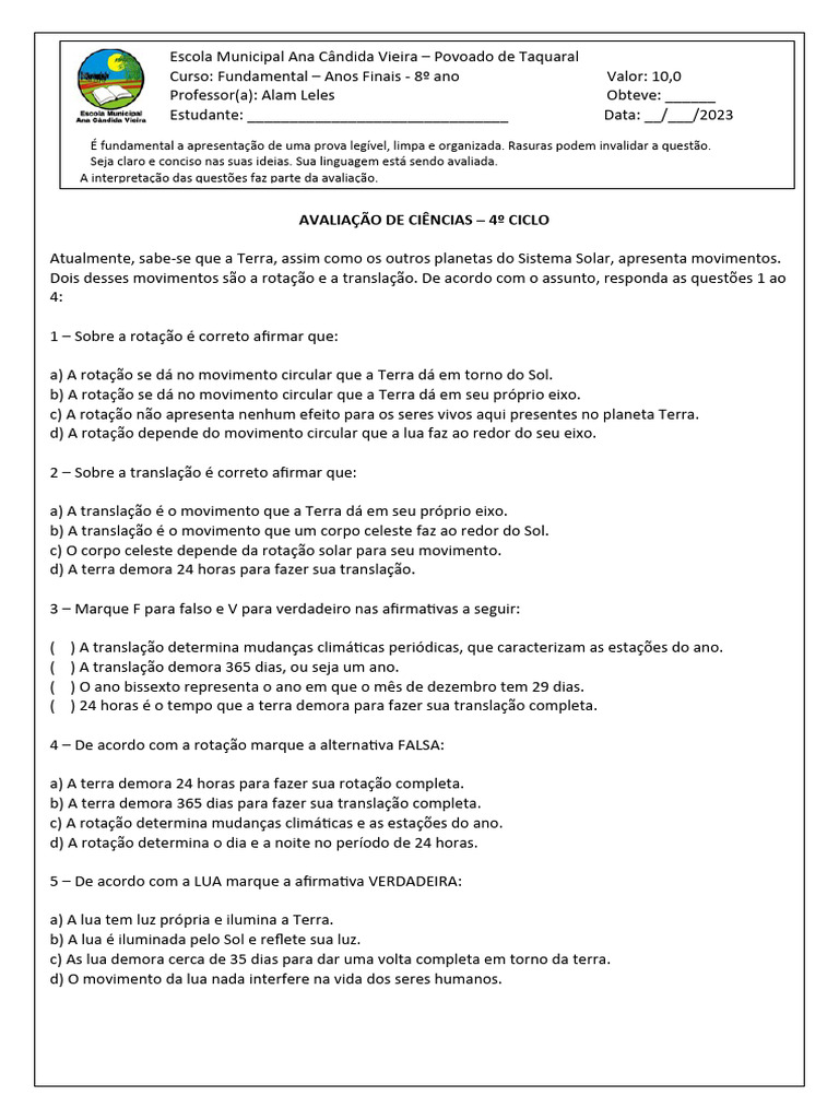 Avaliação de Ciências: Sistema Sol-Terra-Lua | PDF | Lua | Terra