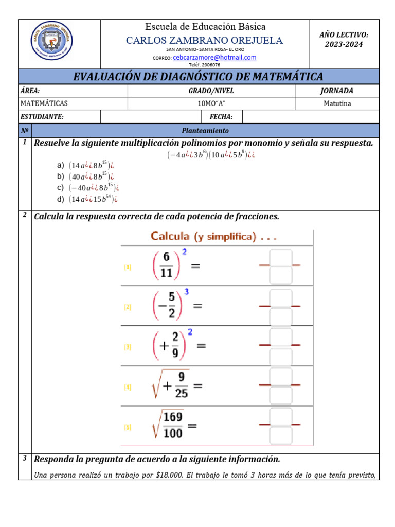 DIAGNOSTICO Decimo MATE | PDF | Matemáticas