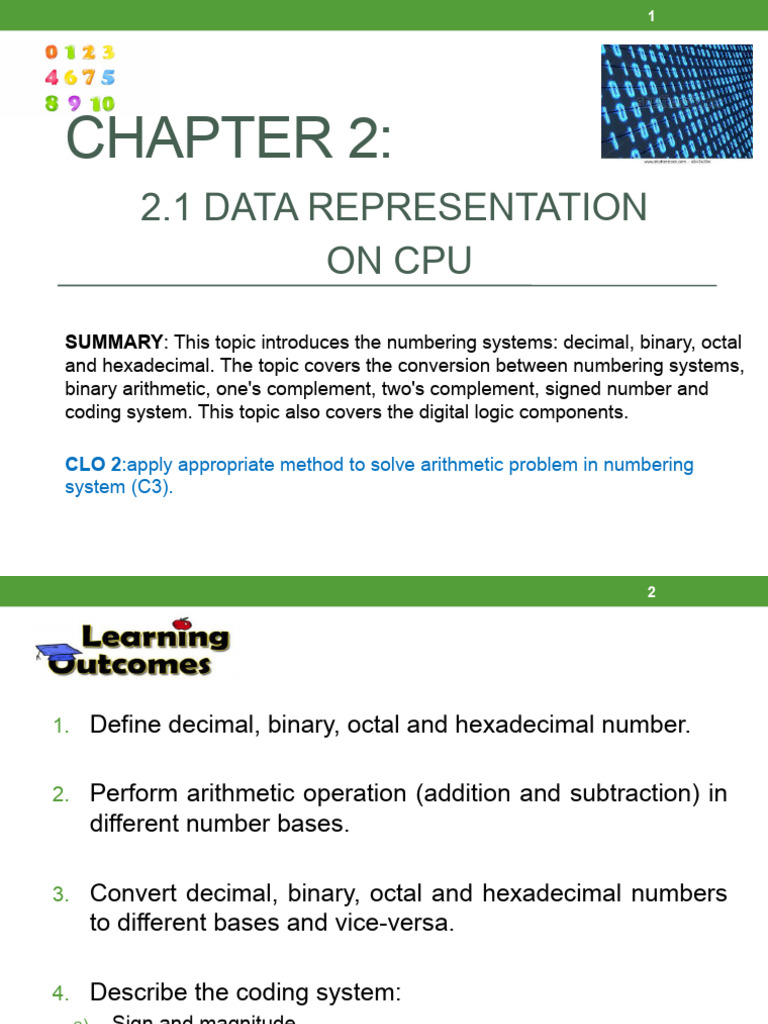 2.1 Data Representation On Cpu: SUMMARY: This Topic Introduces The Numbering Systems: Decimal ...