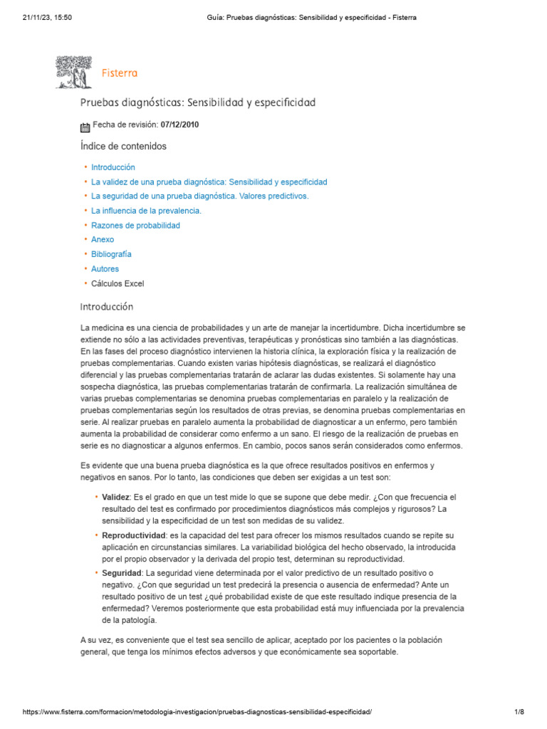 Sensibilidad y Especificidad en Pruebas Diagnósticas | PDF ...