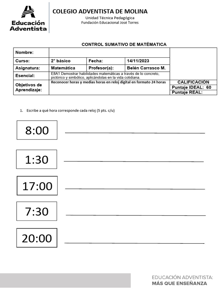 Horas en Reloj Digital para 2° Básico | PDF