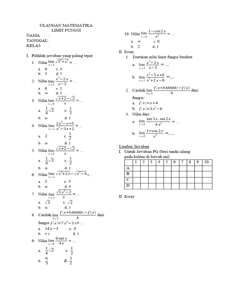 Ulangan Matematika Limit Fungsi | PDF | Metode & Bahan Ajar