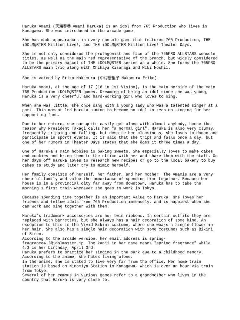 Haruka Amami Profile From Project-Imas | PDF