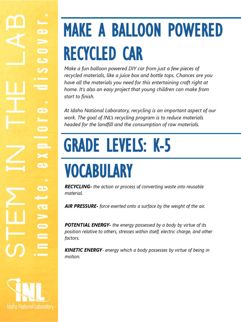 Make A Recycled Balloon Car Lesson Plan | PDF | Balloon | Potential Energy