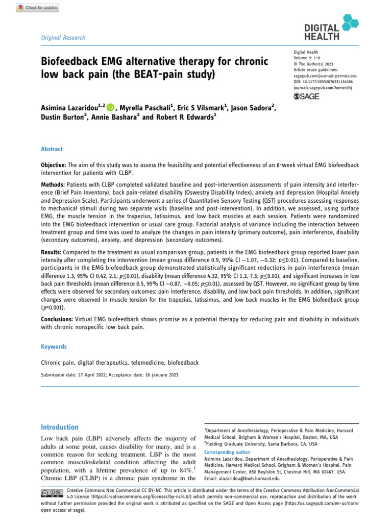 Lazaridou Et Al 2023 Biofeedback Emg Alternative Therapy For Chronic ...
