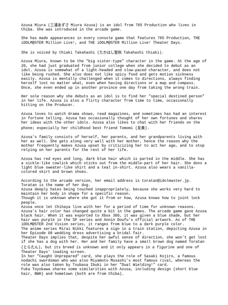 Azusa Miura Profile From Project-Imas | PDF