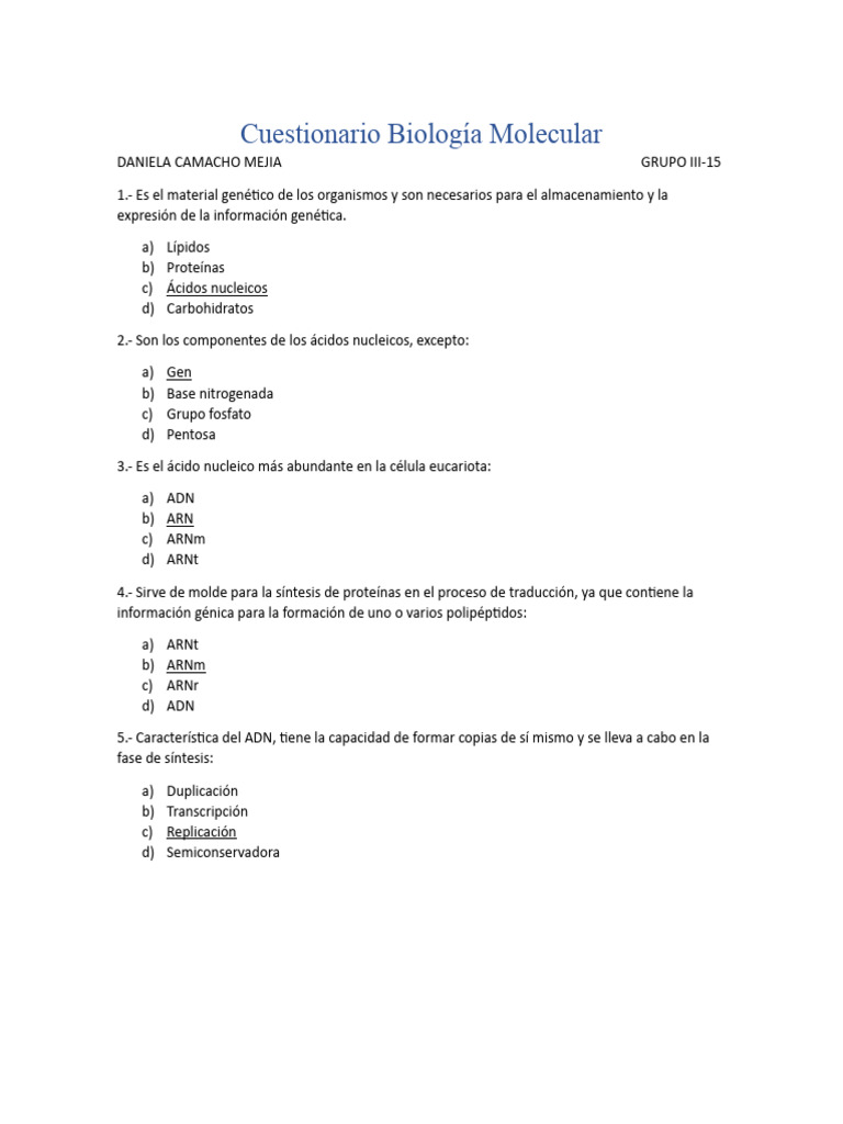 Cuestionario Biología Molecular | PDF