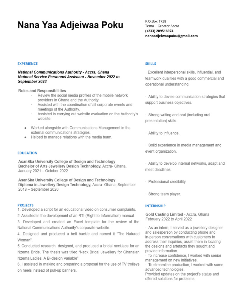 Nana Yaa Poku - CV (G Docs) | PDF | Ghana | Communication