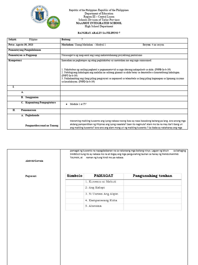 Lesson Plan Grade 9 - Module 1 | PDF