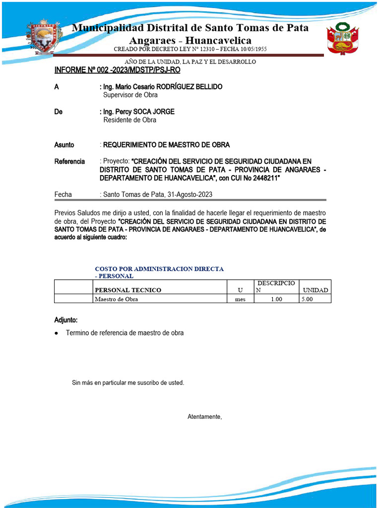 Informe 004 Requerimiento de Maestro de Obra | Descargar gratis PDF | Ciencias Políticas | Gobierno