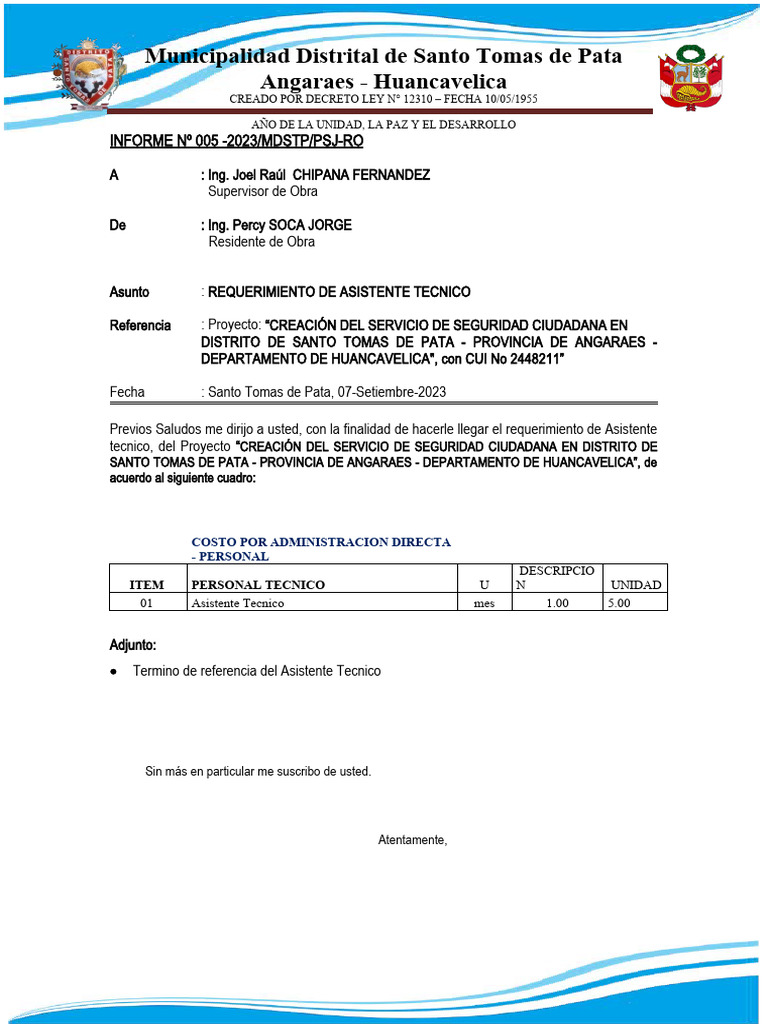 Informe 05 Req y TDR Asistente Tecnico | PDF | Esfera pública | Gobierno