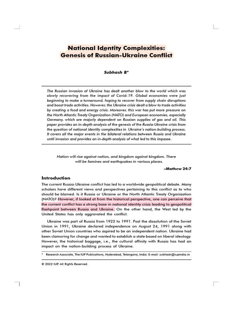 National Identity Complexities. Genesis of Russian-Ukraine Conflict ...