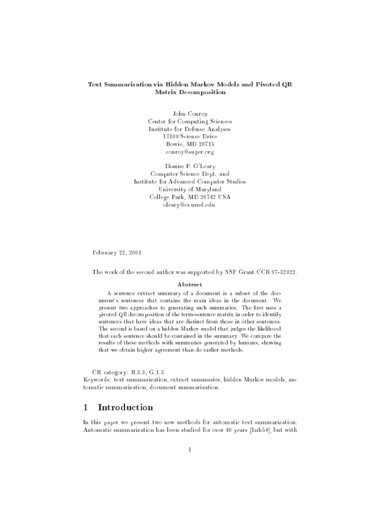 Text Summarization Via Hidden Markov Models | PDF | Matrix (Mathematics) | Markov Chain