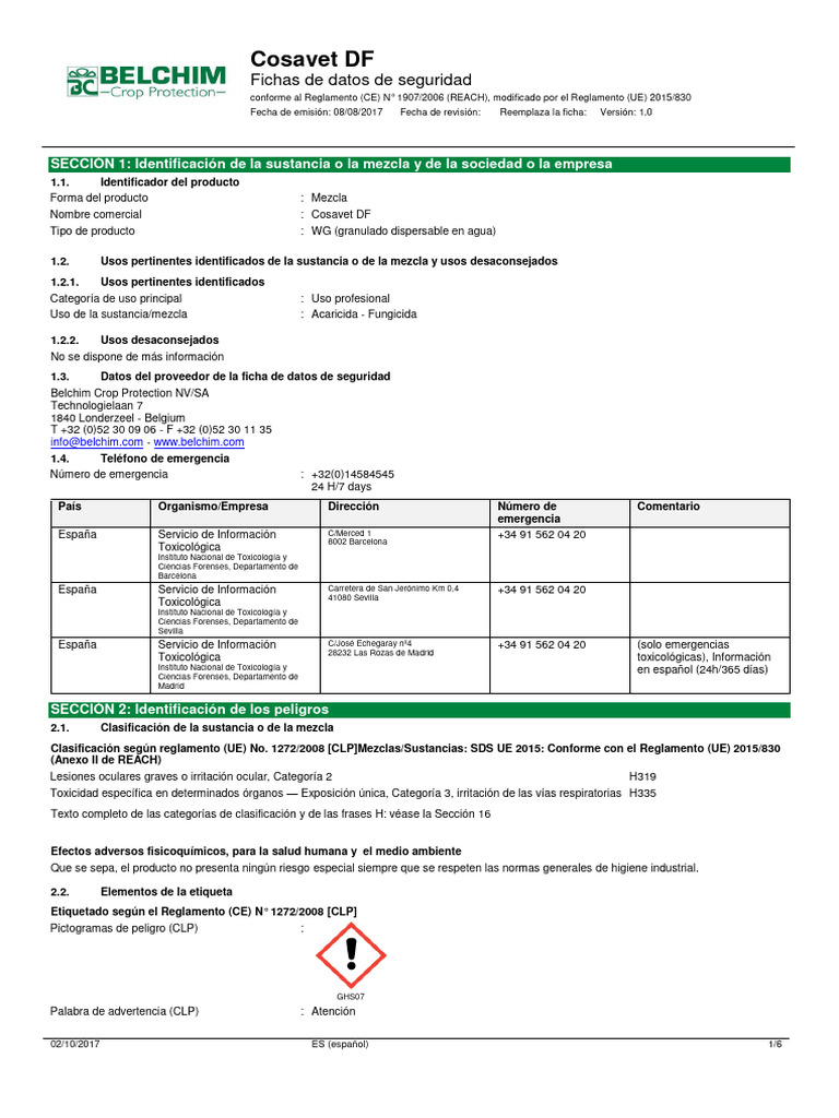 Cosavet MSDS | PDF | Toxicidad | Agua