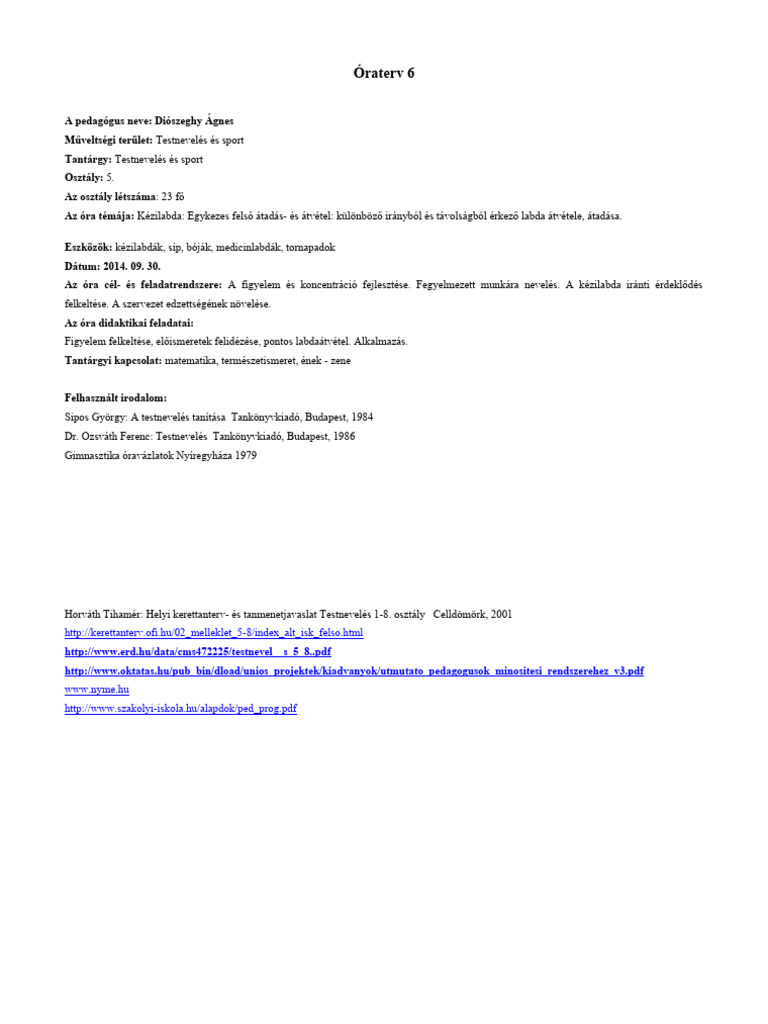 Óraterv - kézilabda | PDF