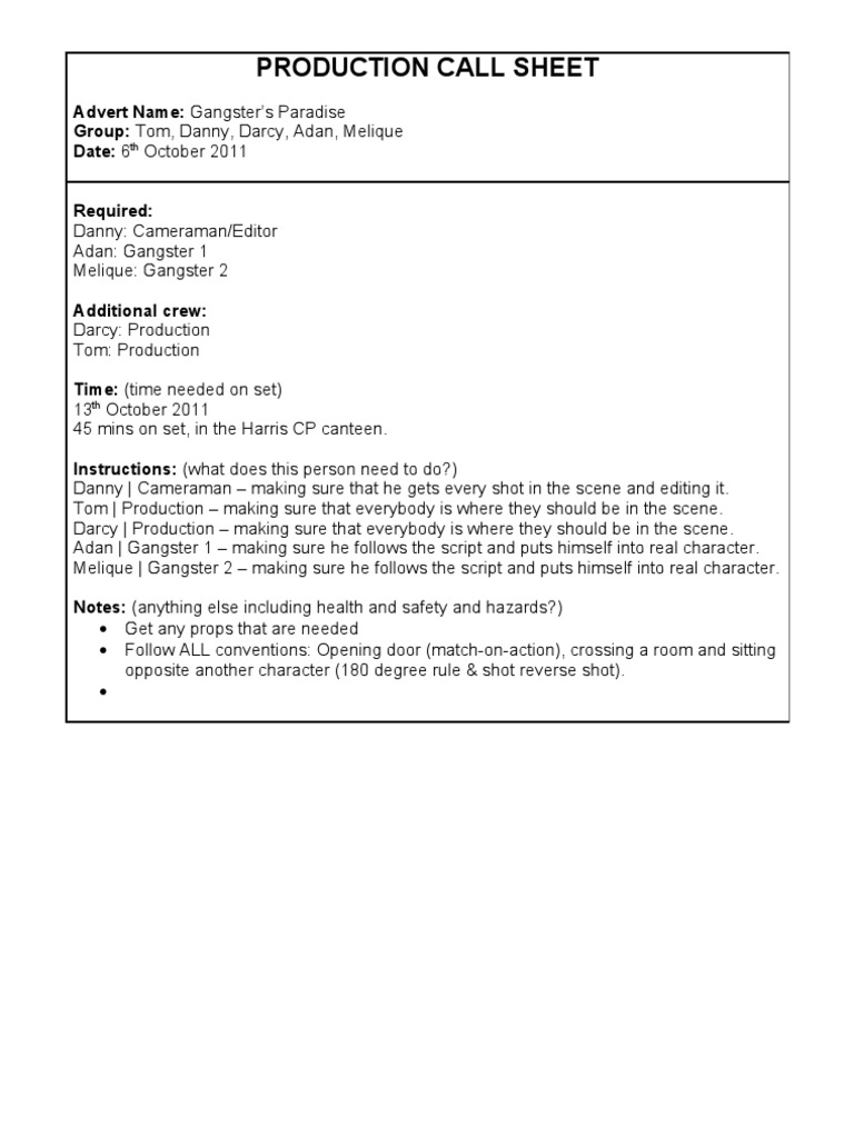 Production Call Sheet | PDF