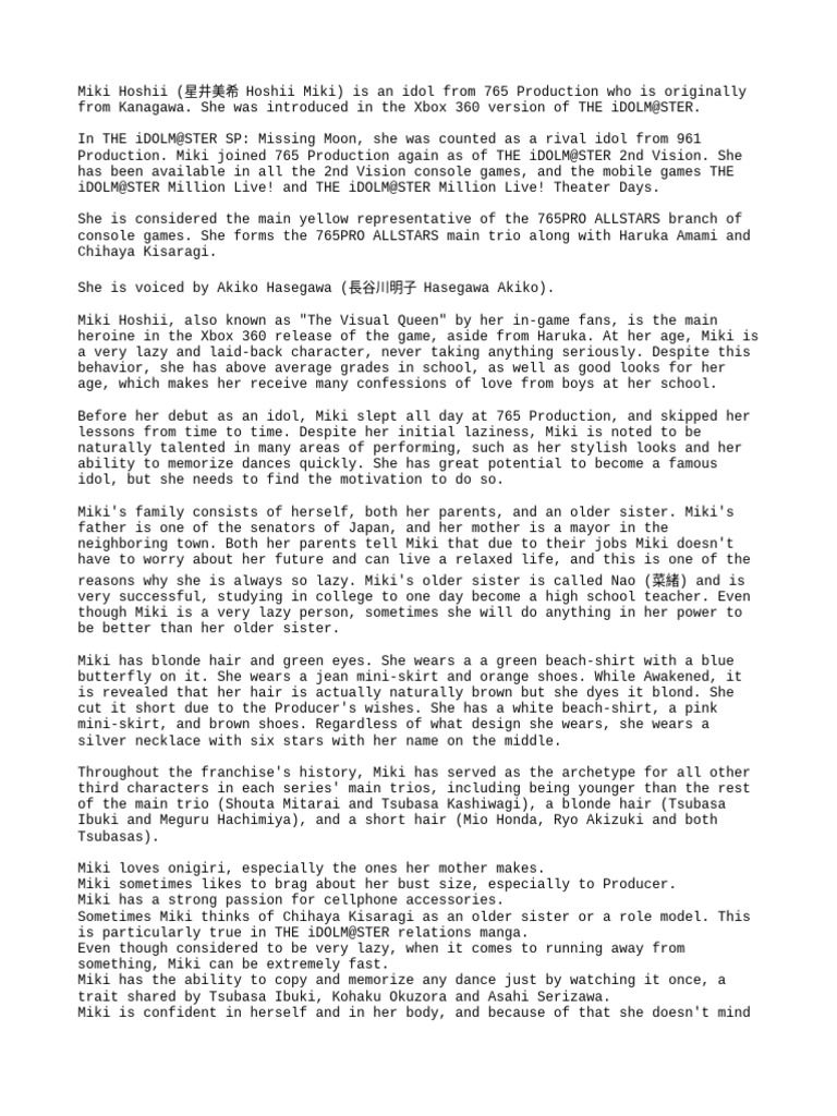 Miki Hoshii Profile From Project-Imas | PDF