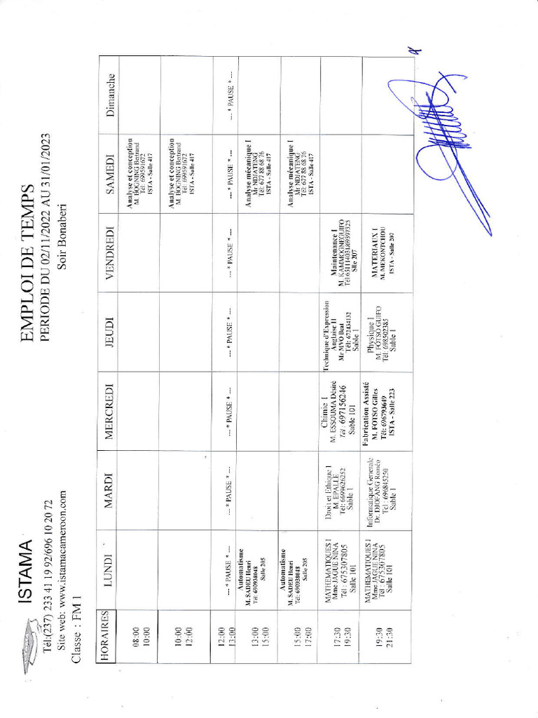 Planning FM1 MECA MIP MAVA1 Soir Bonaberi | PDF