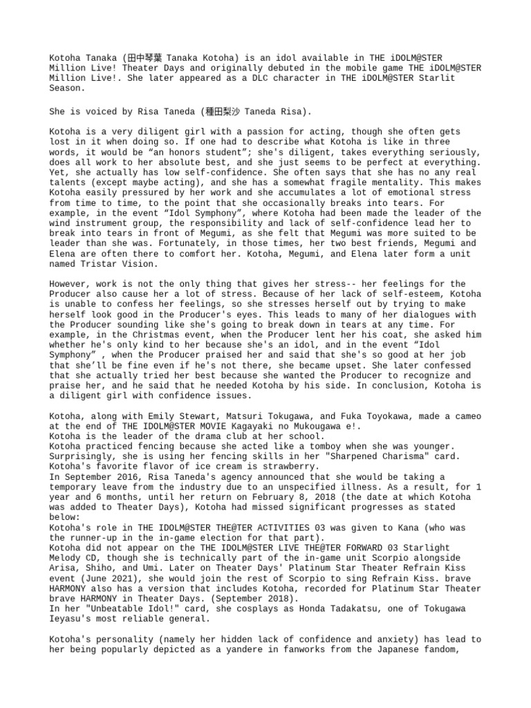 Kotoha Tanaka Profile From Project-Imas | PDF | Self Esteem