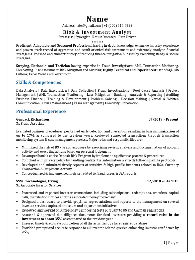 ATS Resume Template-3 - Risk - Investment | PDF | Bankruptcy | Risk
