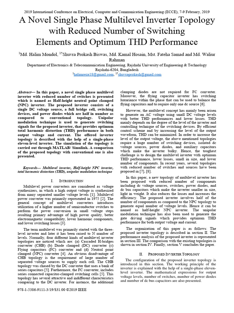 A Novel Single Phase Multilevel Inverter Topology With Reduced Number of Elementspdf | PDF ...