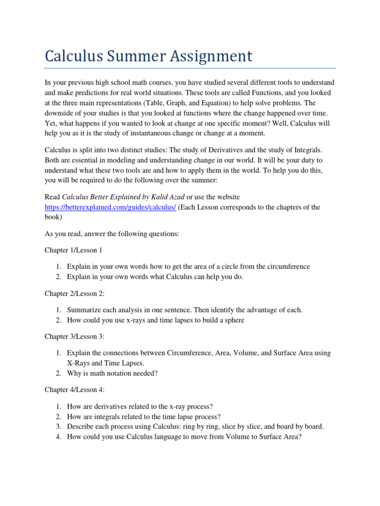 Calculus Summer Assignment | Download Free PDF | Calculus | Integral