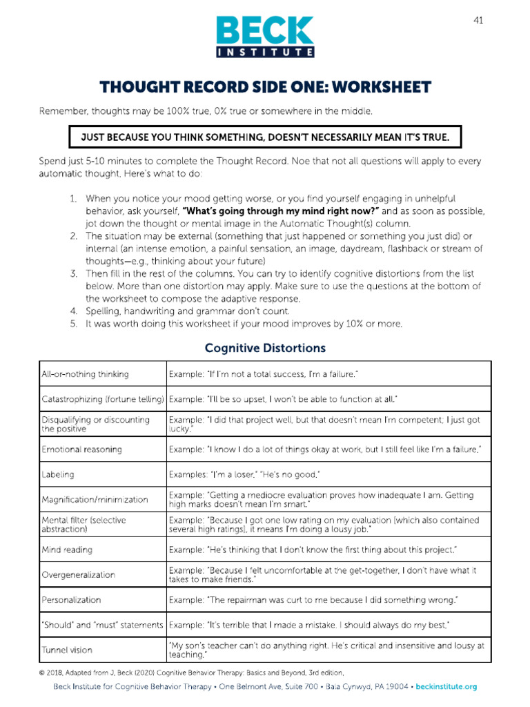 CBT Thought Record Side One | PDF