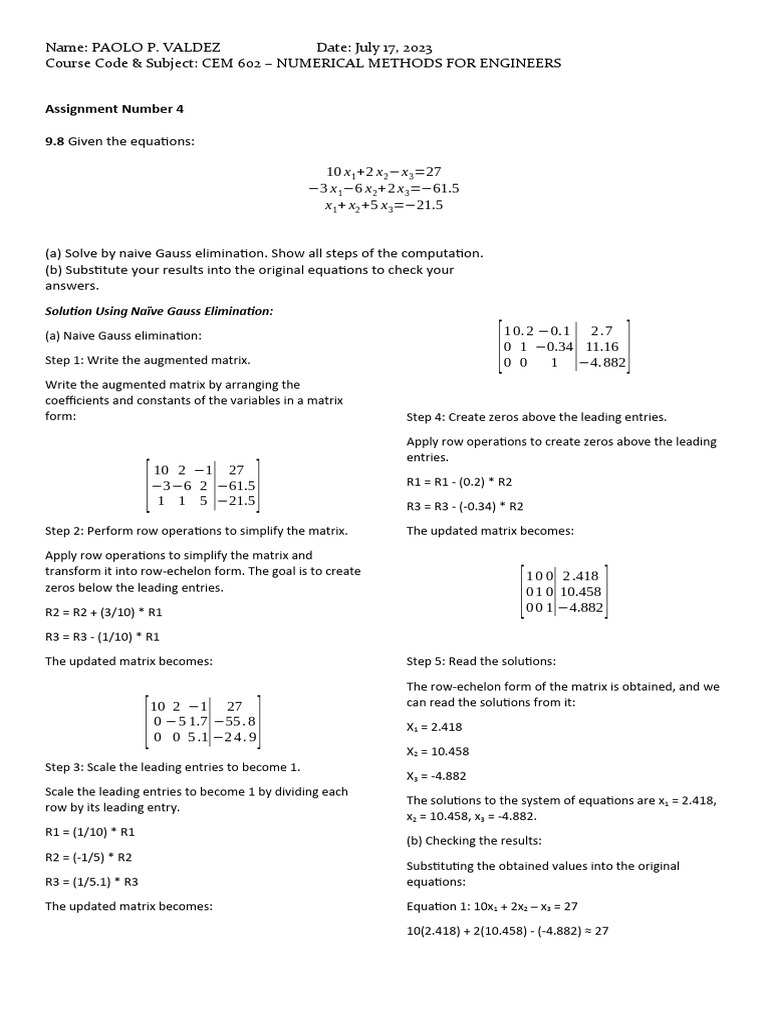Assignment 4 Gauss Elimination | PDF | Mathematical Analysis | Mathematical Relations