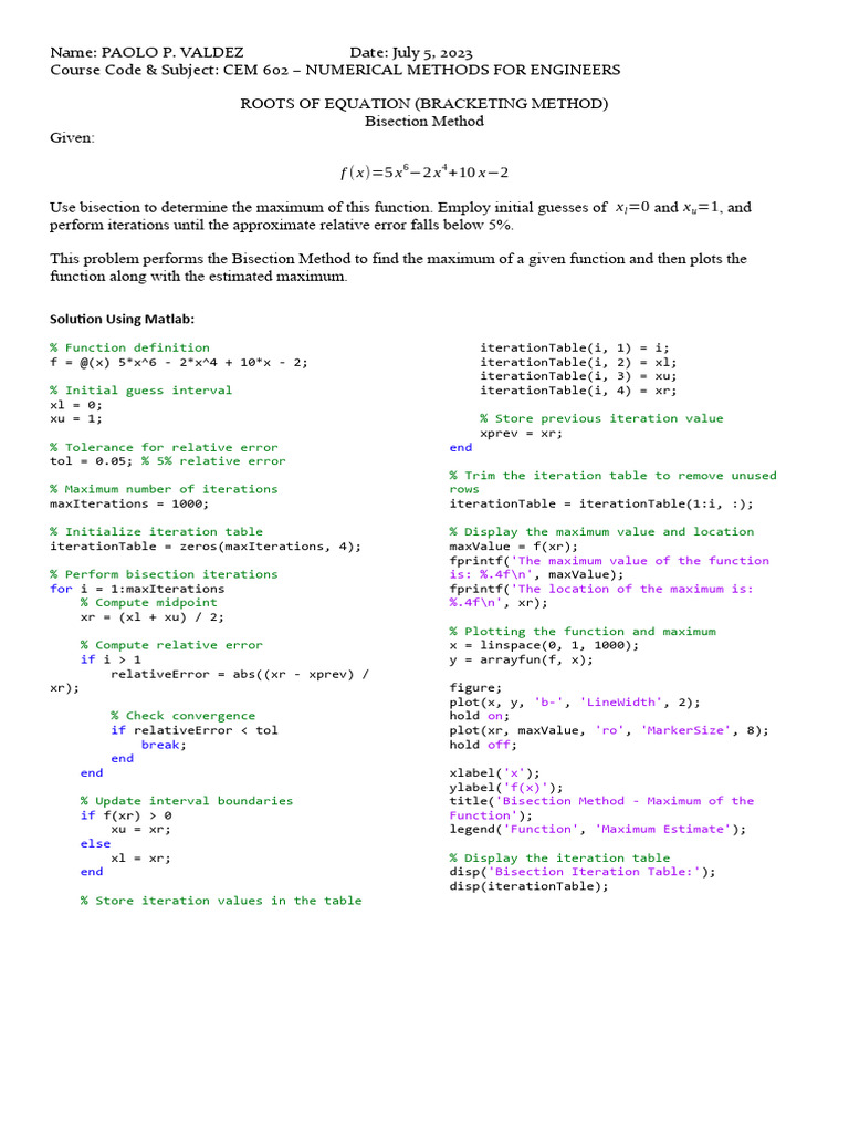 Assignement 2 Bracketing Method Pdf Mathematical Relations Mathematics Of Computing
