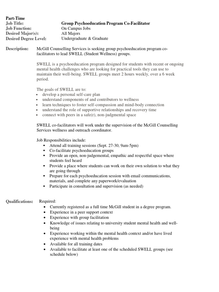 Psychoeducation Program Co-Facilitators - Job Description 2018 | PDF ...